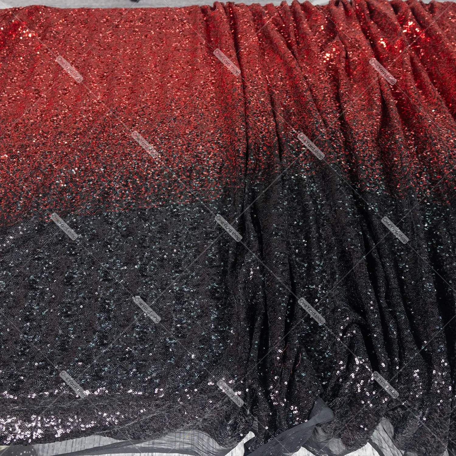 Two-tone Black to Red Ombre Sequin on Mesh Fabric - OneYard