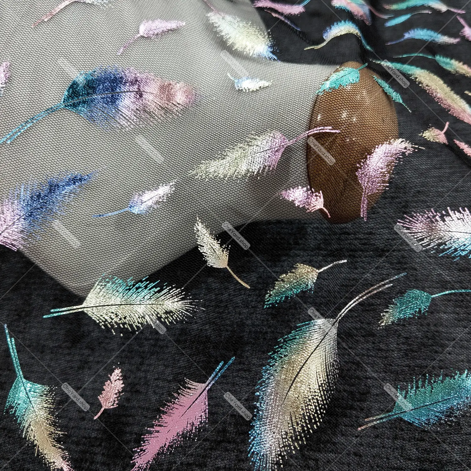 Glistening Colorful Feather Printed Black Tulle Fabric - OneYard