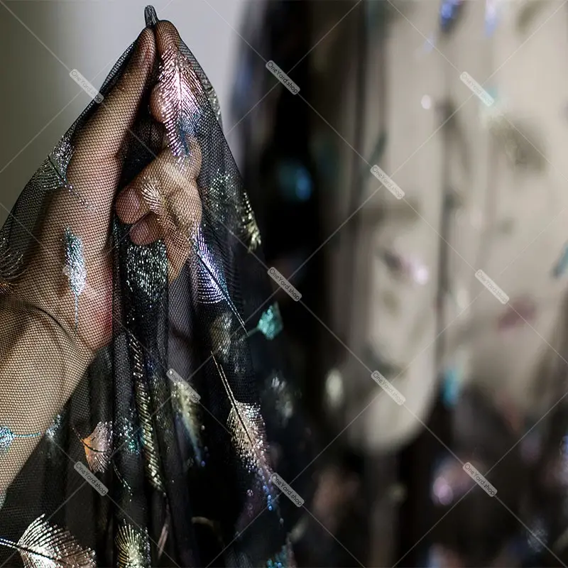 Glistening Colorful Feather Printed Black Tulle Fabric - OneYard