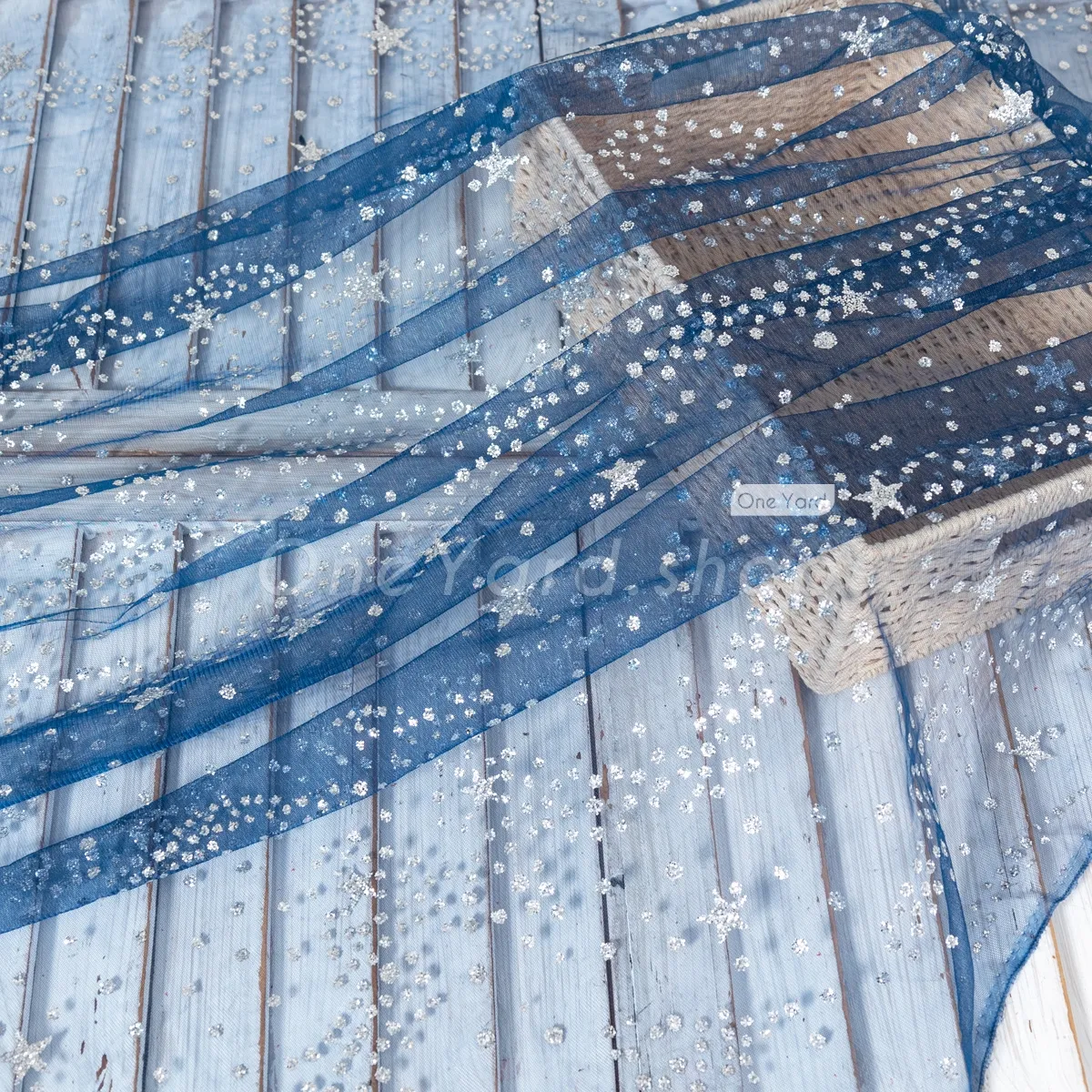 Starlight Sequin Glued Navy Blue Tulle Mesh Fabric - OneYard