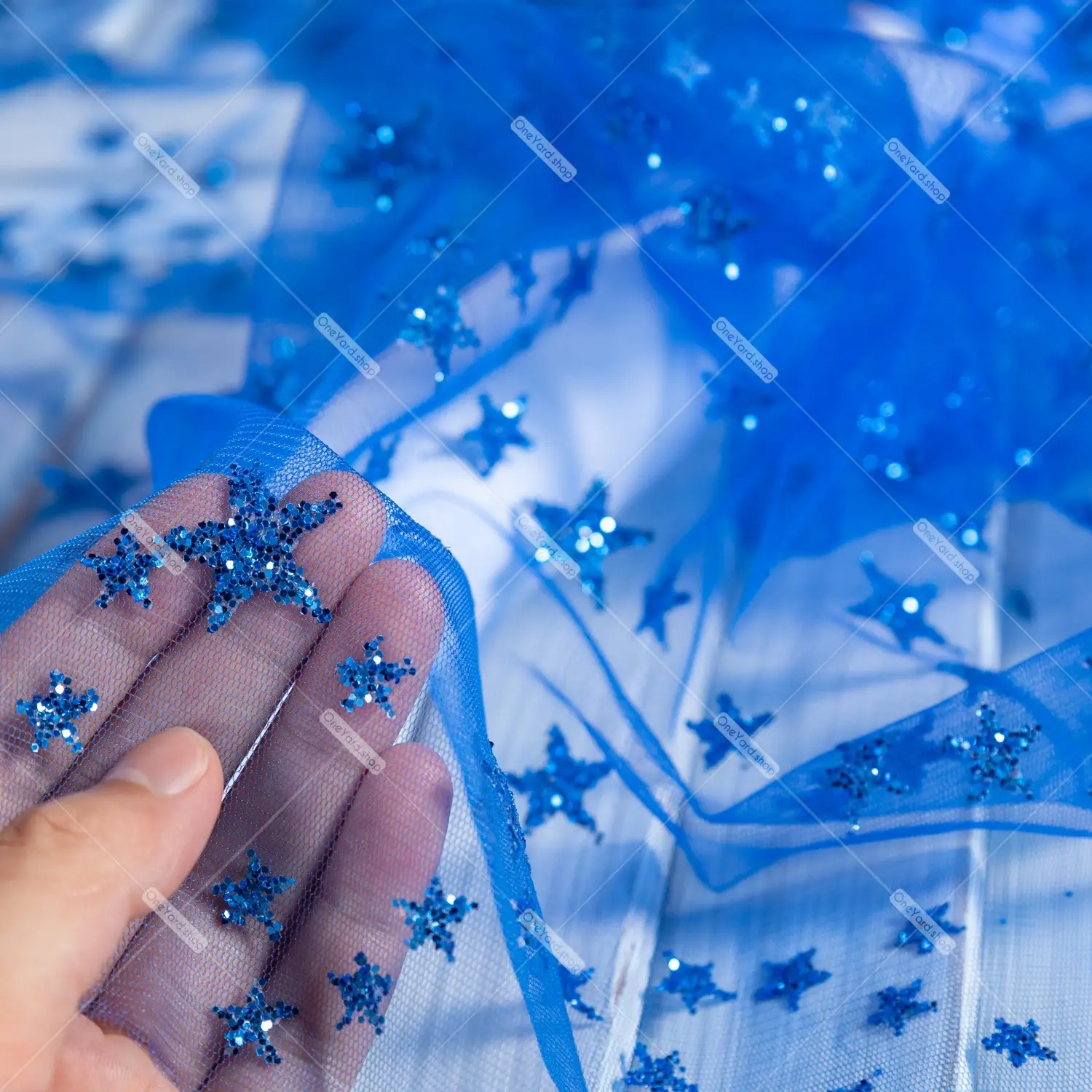 Beautiful Star Glitter Glued Royal Blue Mesh Fabric - OneYard