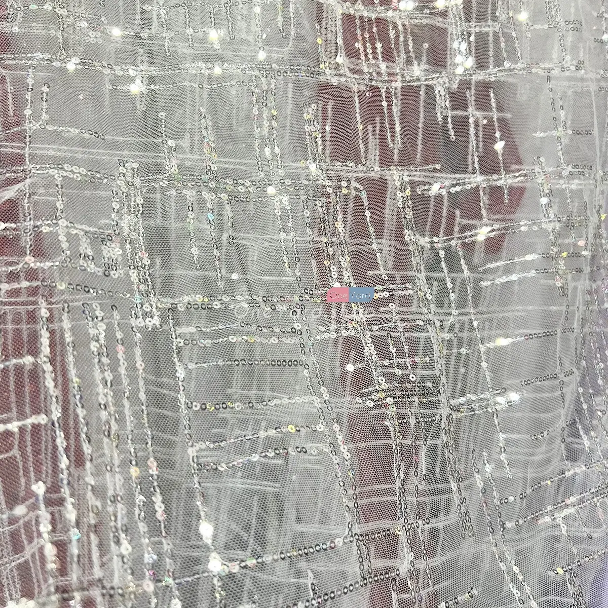 Silver Sequinned Intricate Grid Mesh Fabric by the Yard - OneYard