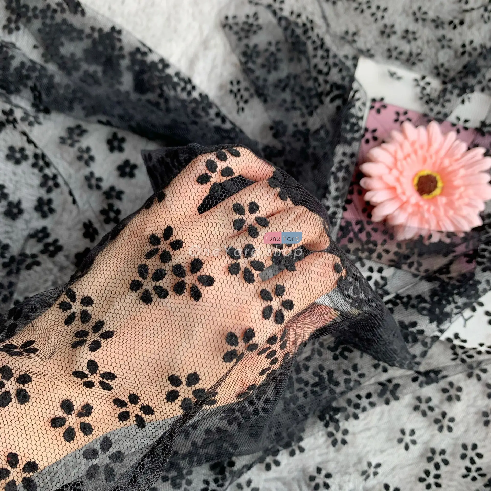 Beautiful Velvet Flocked Tiny Flowers Soft Mesh Fabric - OneYard