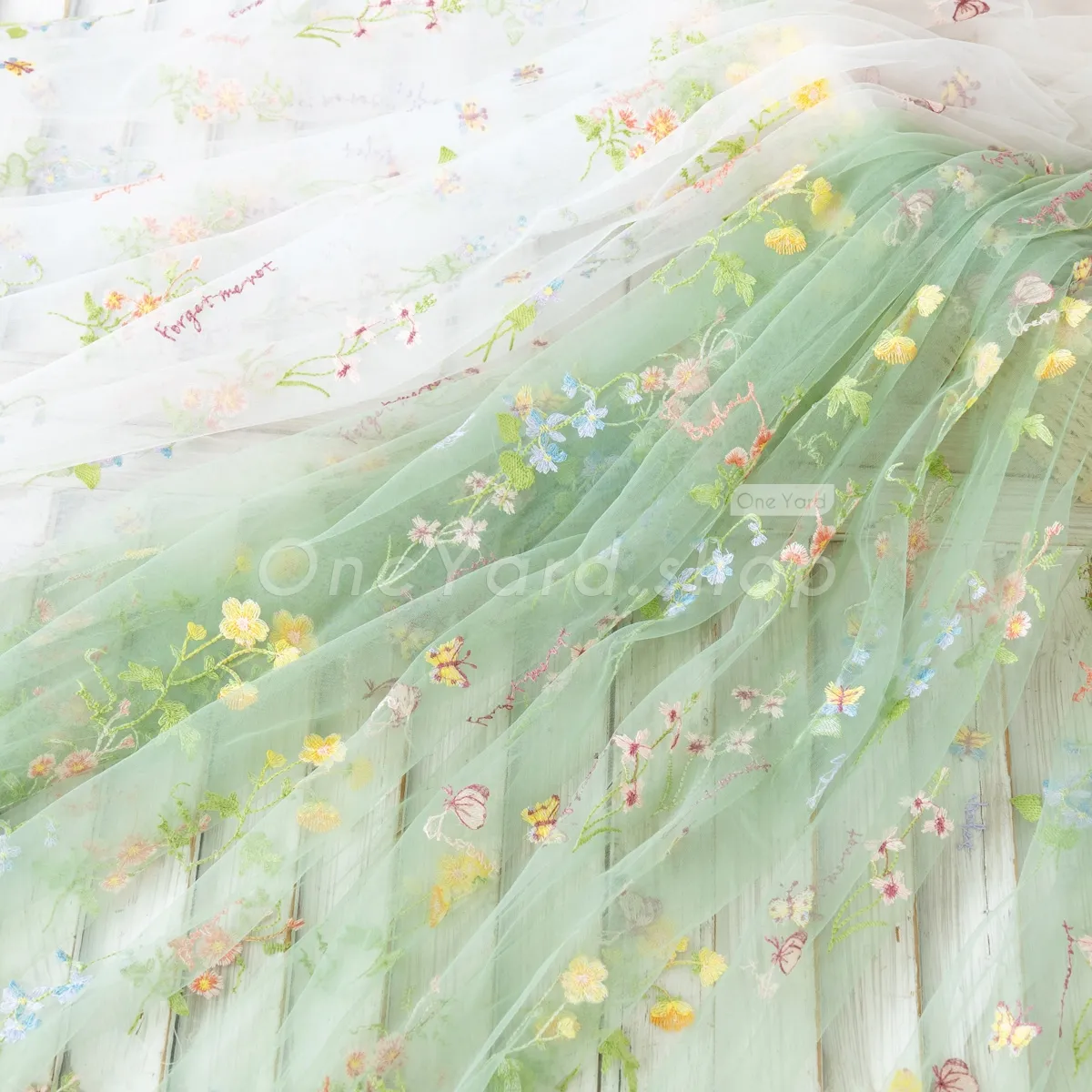 Spring Flowers & Butterflies Embroidered Tulle Fabric - OneYard
