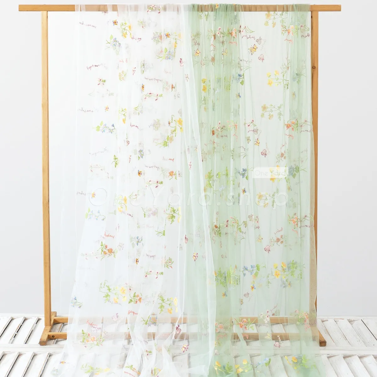 Spring Flowers & Butterflies Embroidered Tulle Fabric - OneYard