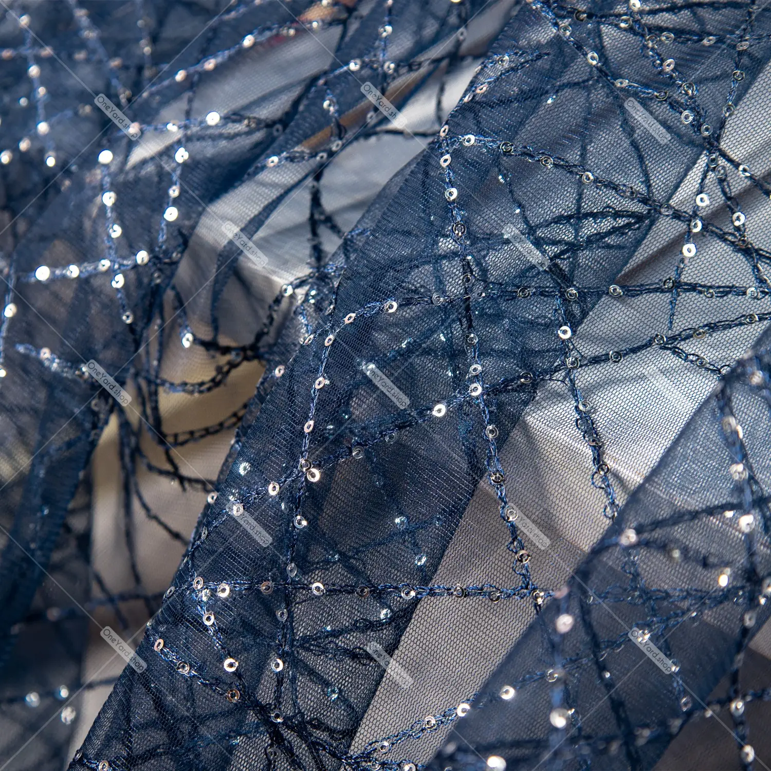 Fabulous Sequinned Navy Tulle Long Evening Party Dress - VQ