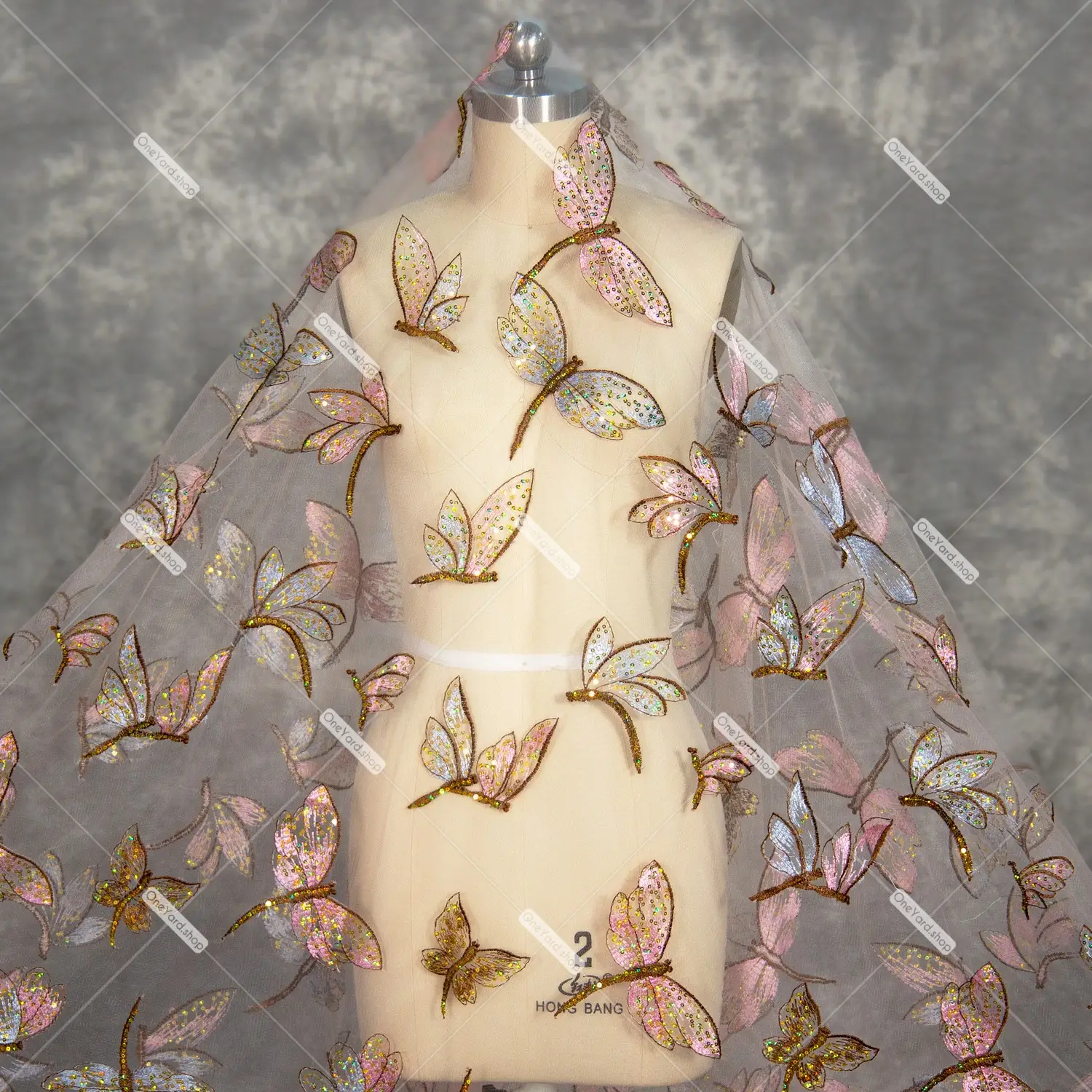 Dazzling Sequinned Dragonfly Embroidery Mesh Fabric - OneYard