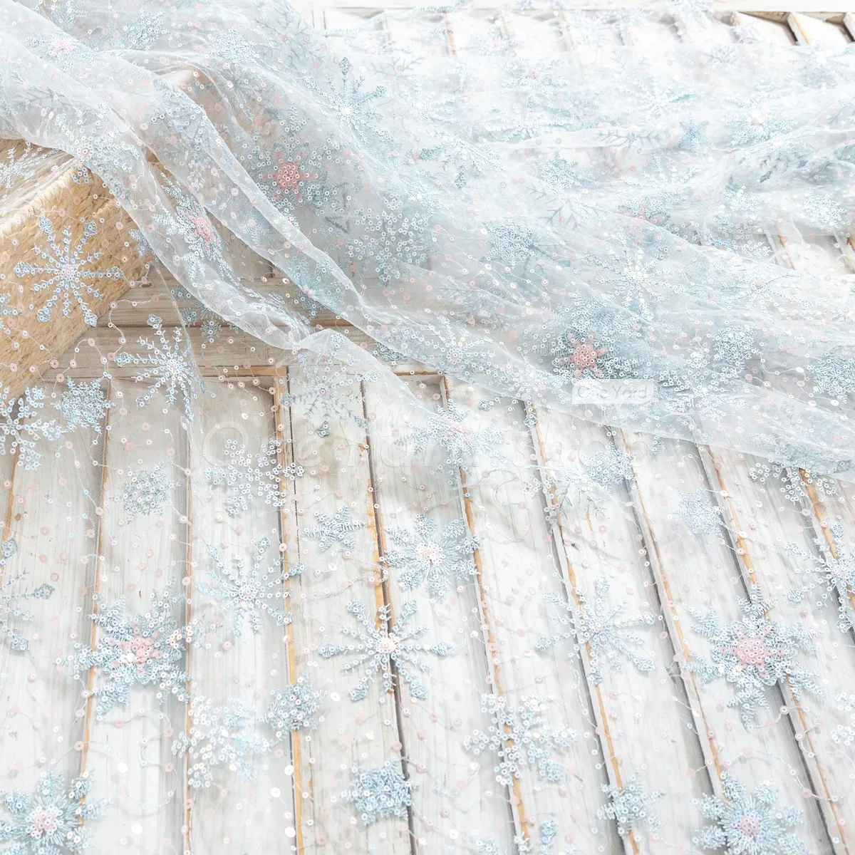 Cool Tone Ice Blue Sequin Snowflake Glitter Mesh Fabric - OneYard