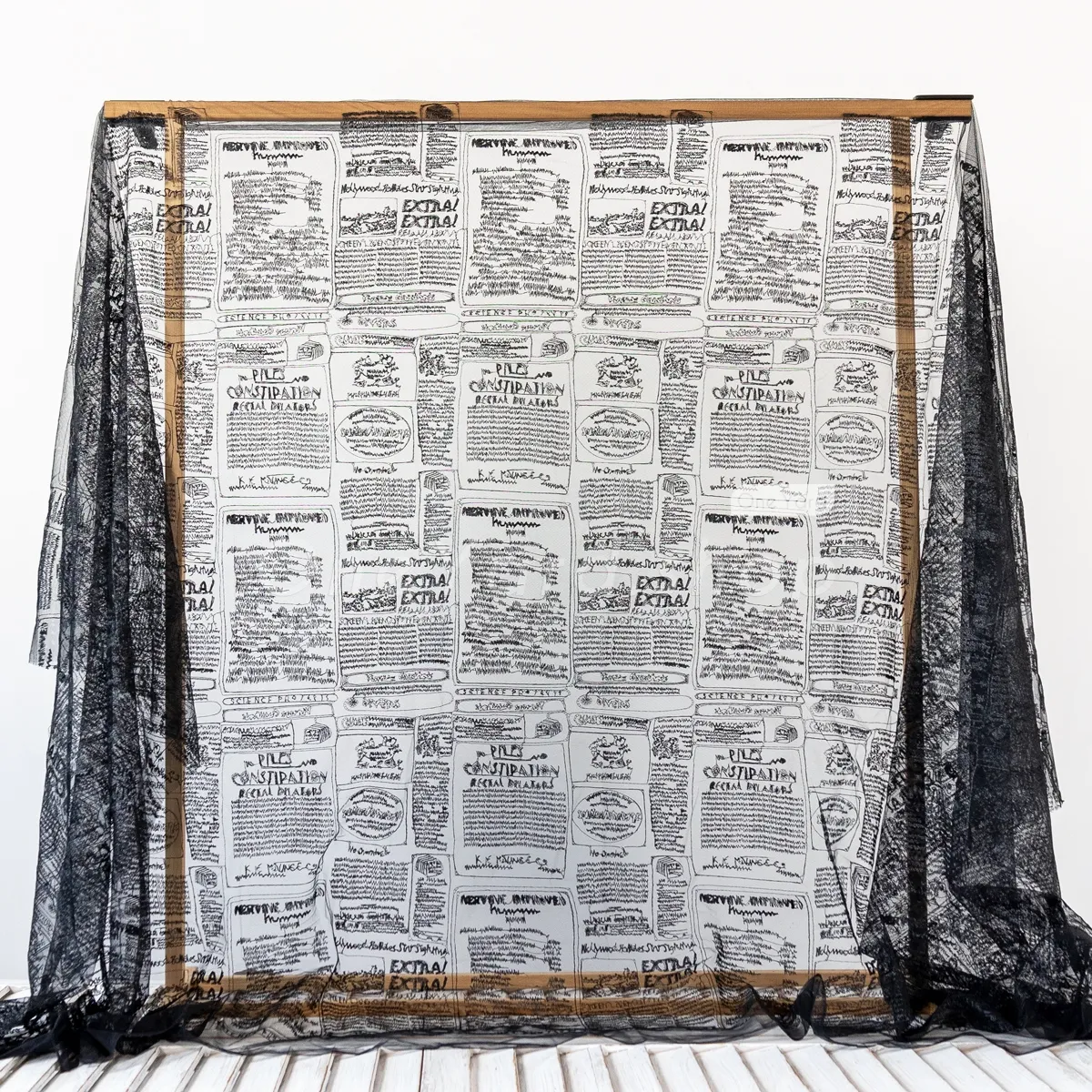 Black Newspapers Pattern Embroidered Mesh Dress Fabric - OneYard