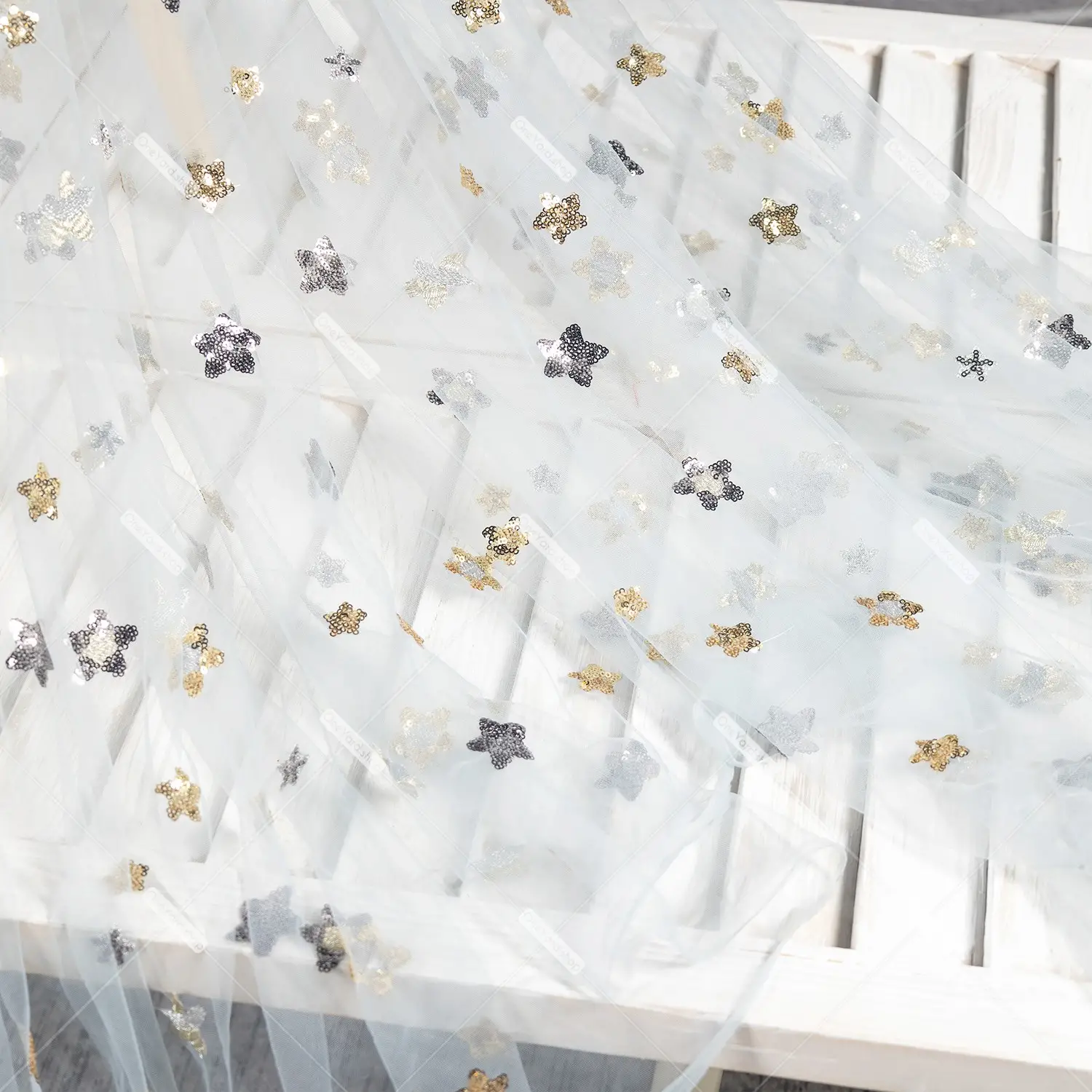Silver and Gold Sequin Stars Twinkle Soft Mesh Fabric - OneYard