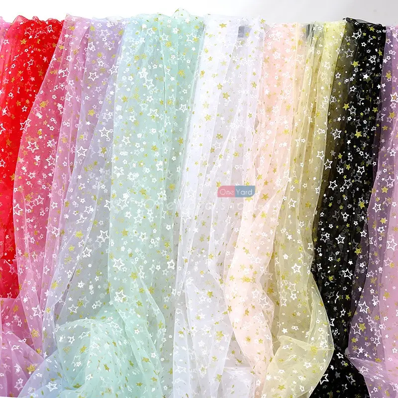 Dense Gold Solid and White Hollow Stars Mesh Fabric - OneYard