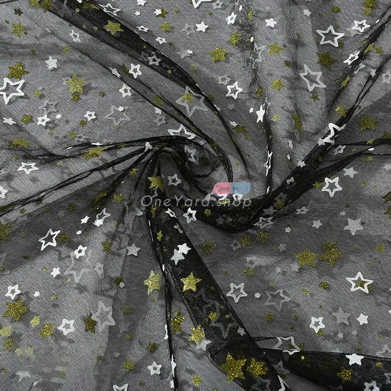 Dense Gold Solid and White Hollow Stars Mesh Fabric - OneYard