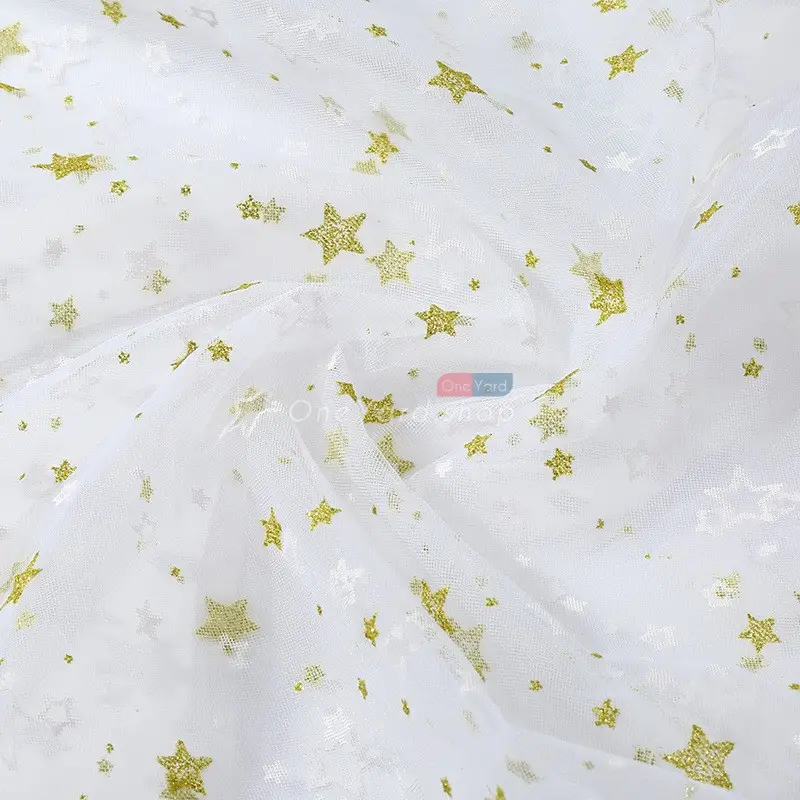 Dense Gold Solid and White Hollow Stars Mesh Fabric - OneYard