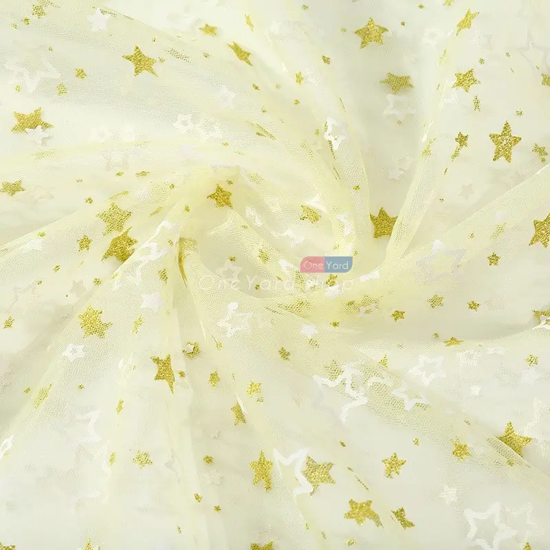 Dense Gold Solid and White Hollow Stars Mesh Fabric - OneYard