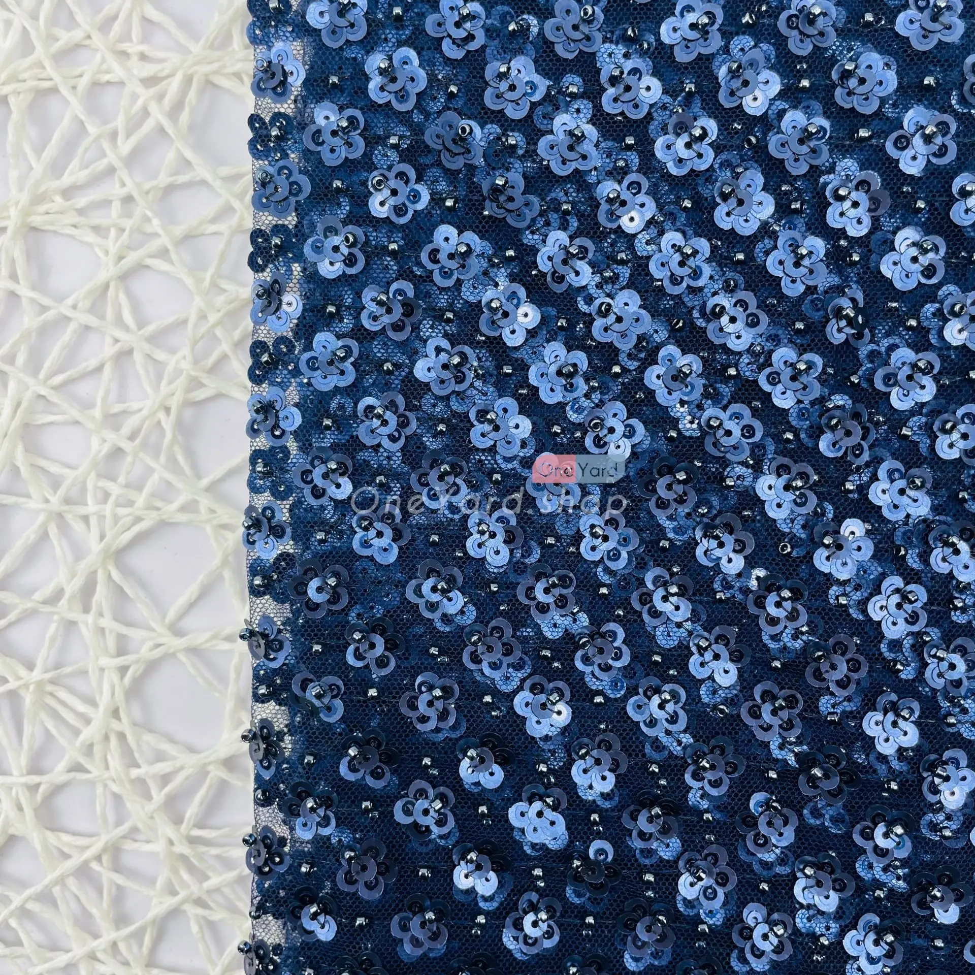 5mm+3mm Sequins Tiny Flower Mesh Metallic Fabric - OneYard
