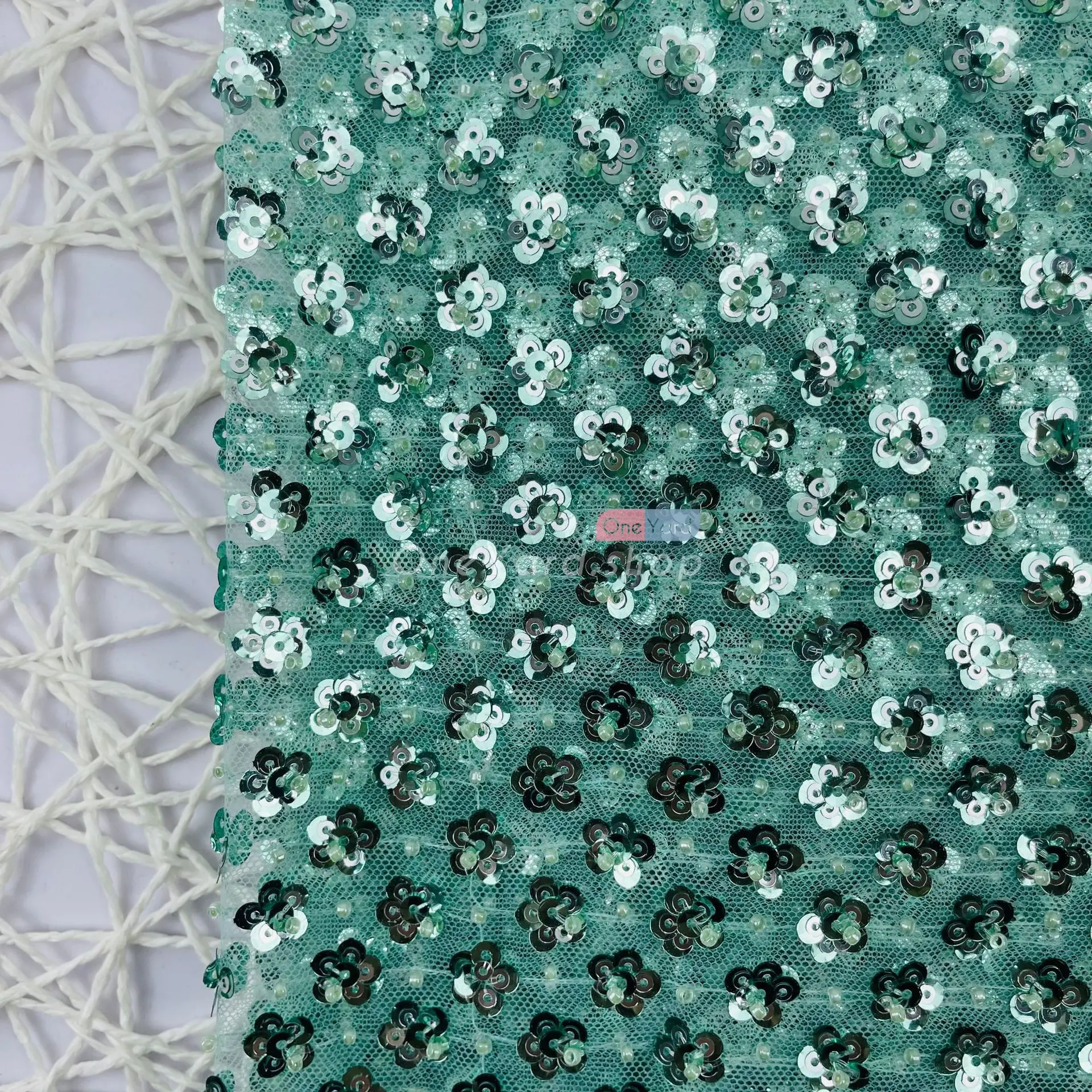 5mm+3mm Sequins Tiny Flower Mesh Metallic Fabric - OneYard