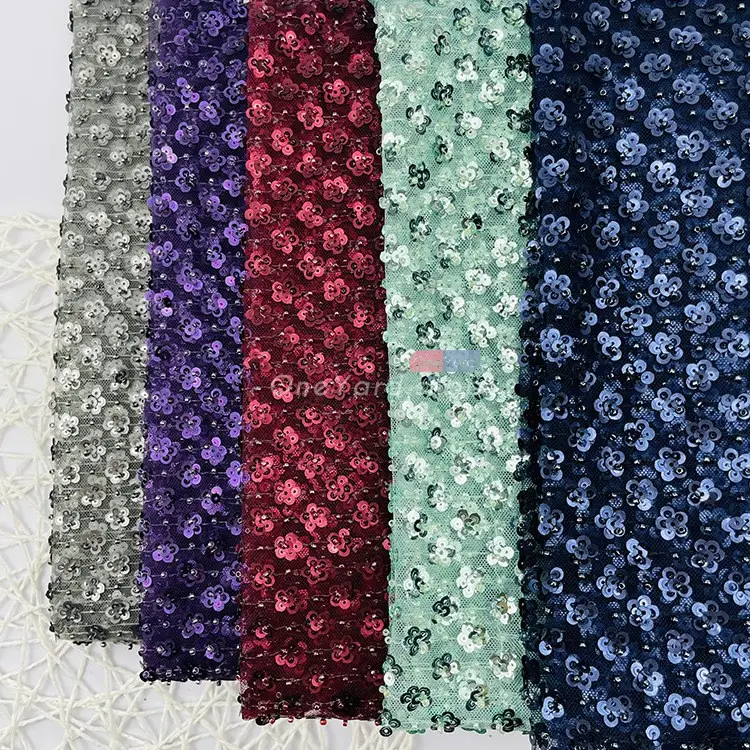 5mm+3mm Sequins Tiny Flower Mesh Metallic Fabric - OneYard