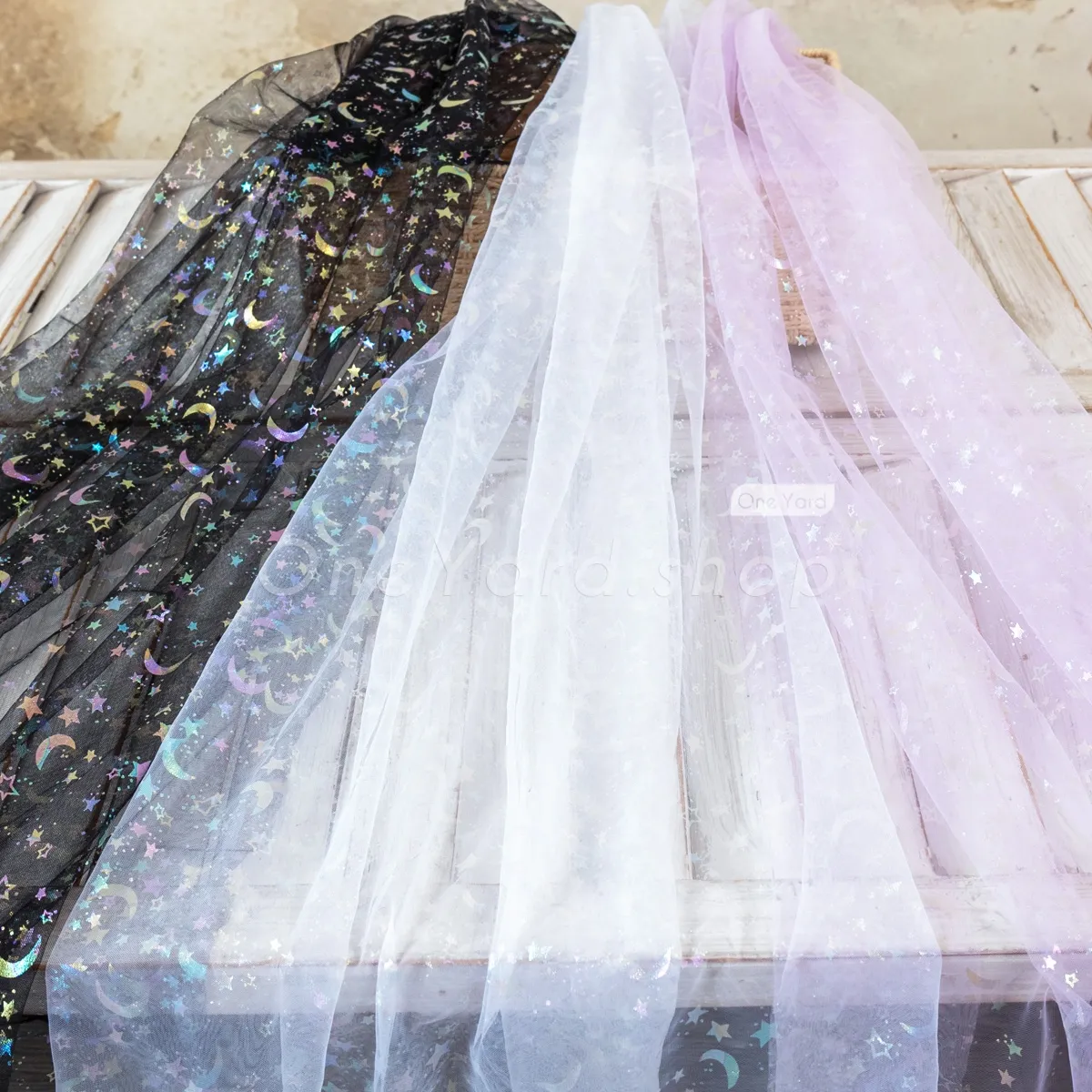 Iridescent Stars and Moons Illusion Starry Mesh Fabric - OneYard