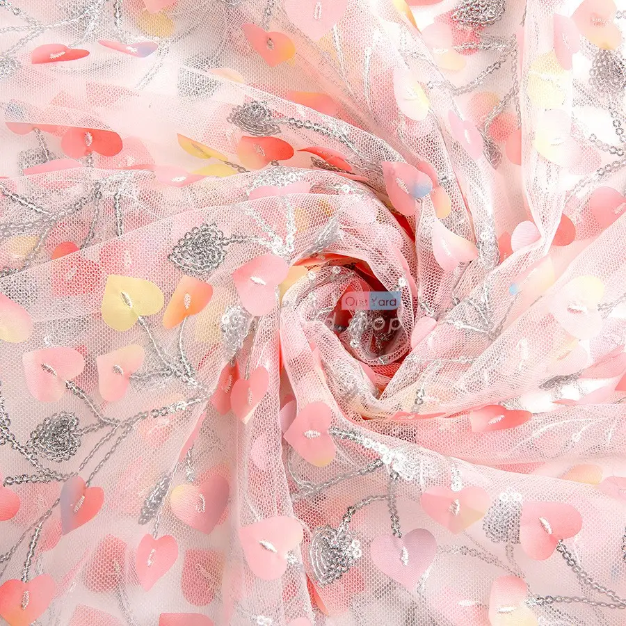 Squinned 3D Leaf Embroidery Mesh Fabric for Dresses - OneYard