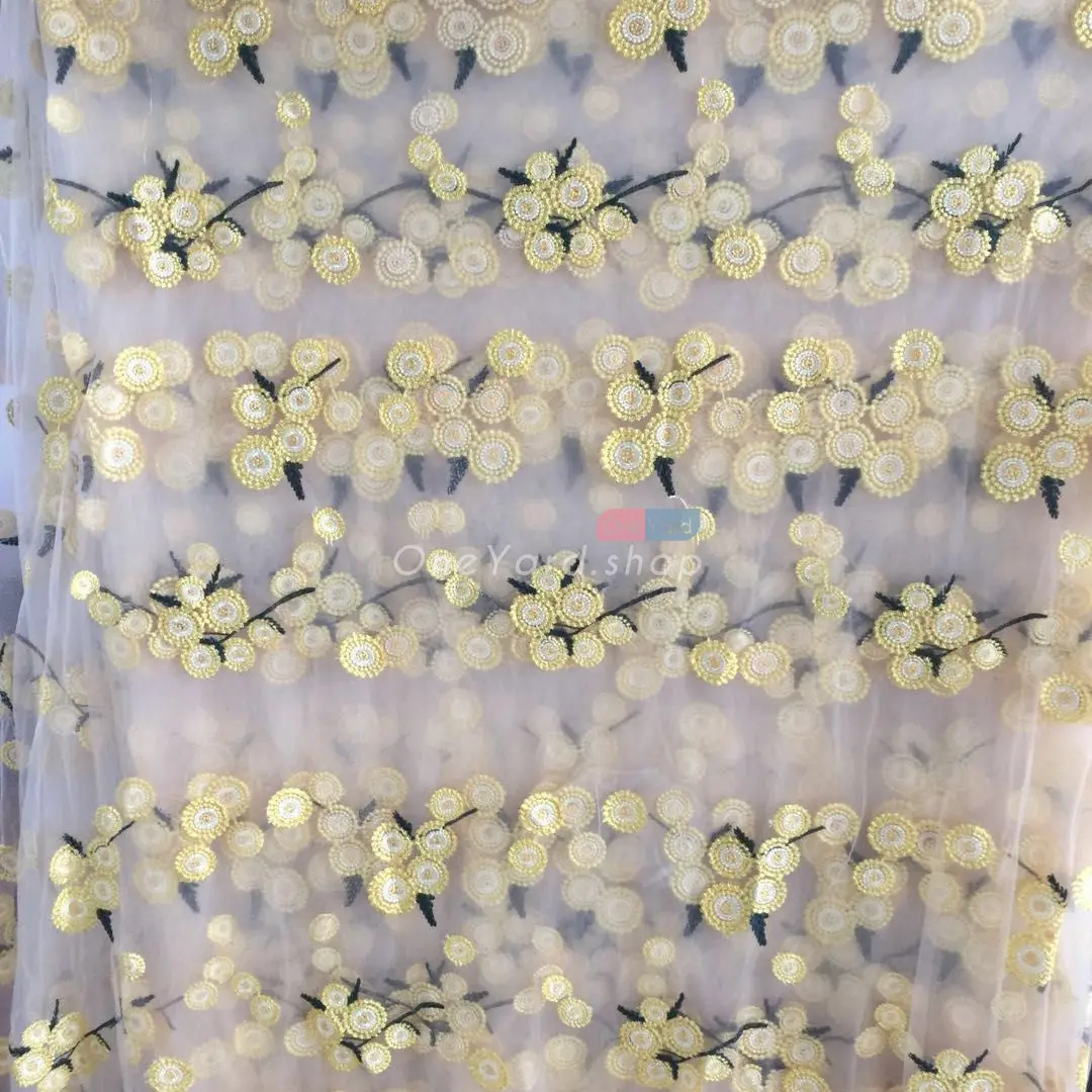 Country Style Yellow 3D Flower Embroidery Mesh Fabric - OneYard