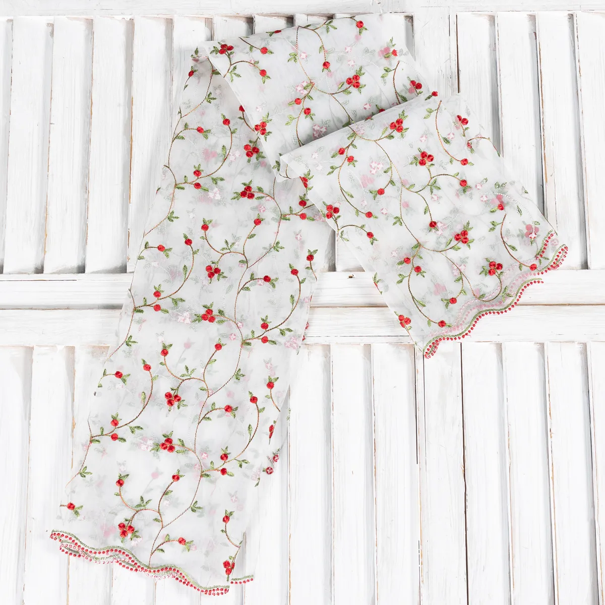 Red & Green Floral Plant Embroidery Mesh Fabric - OneYard