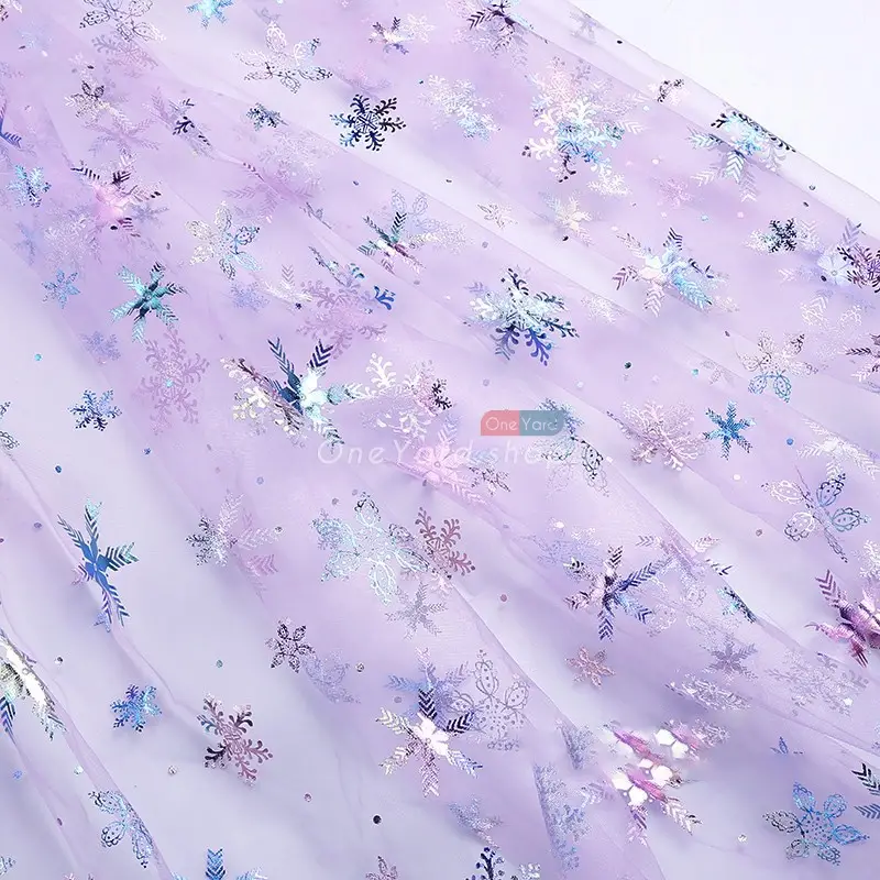 Iridescent Snowflake Glued Soft Mesh Frozen Gown Fabric - OneYard