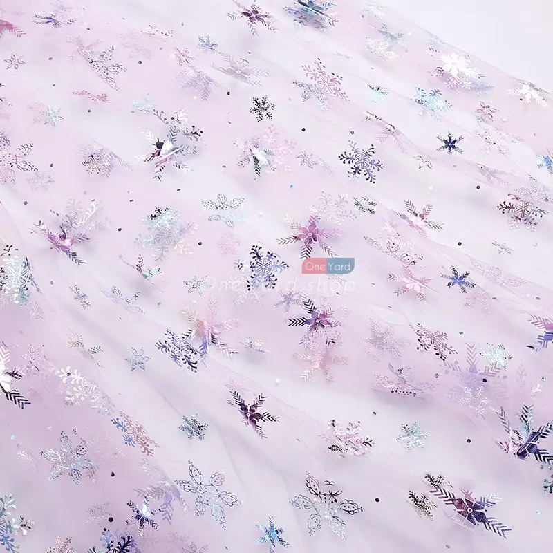Iridescent Snowflake Glued Soft Mesh Frozen Gown Fabric - OneYard