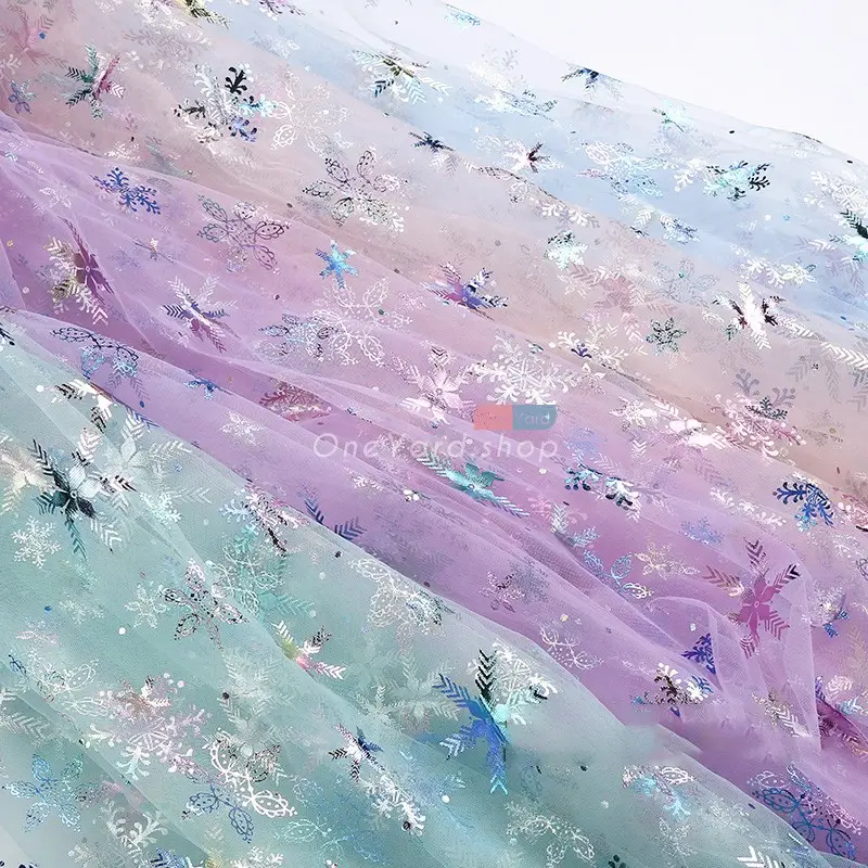 Iridescent Snowflake Glued Soft Mesh Frozen Gown Fabric - OneYard