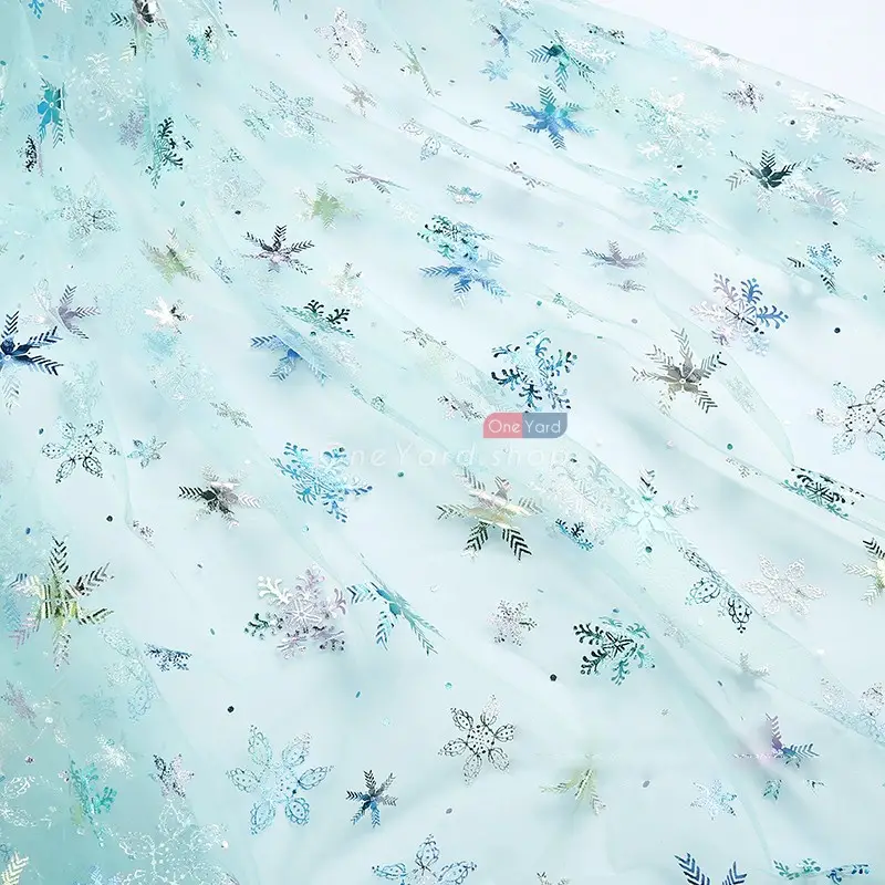 Iridescent Snowflake Glued Soft Mesh Frozen Gown Fabric - OneYard