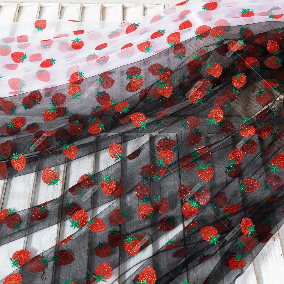 Lovely Strawberry Fruit Glued Mesh Fabric by the Yard - OneYard