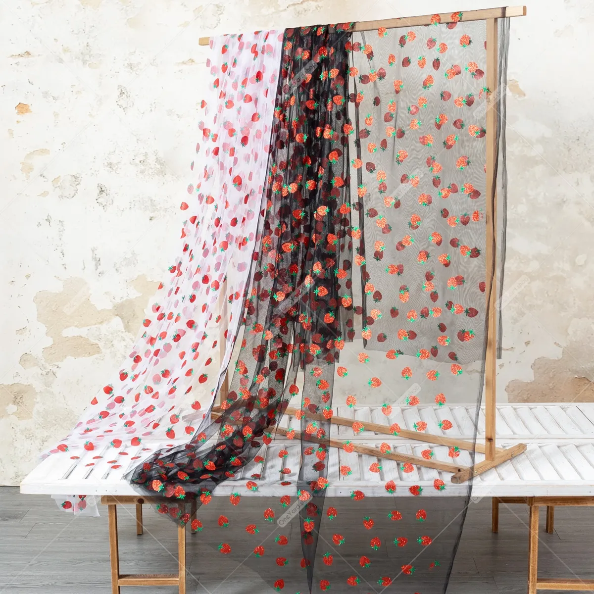 Lovely Strawberry Fruit Glued Mesh Fabric by the Yard - OneYard