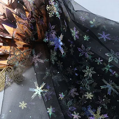 Cool Tone Ice Blue Sequin Snowflake Glitter Mesh Fabric - OneYard