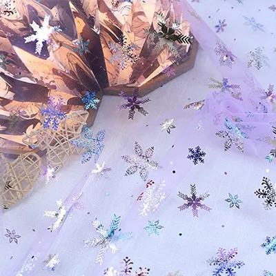 Iridescent Snowflake Pattern White Glitter Mesh Fabric - OneYard