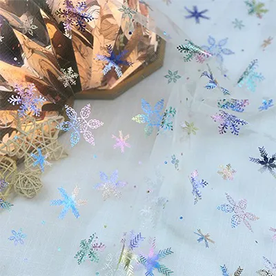 Cool Tone Ice Blue Sequin Snowflake Glitter Mesh Fabric - OneYard