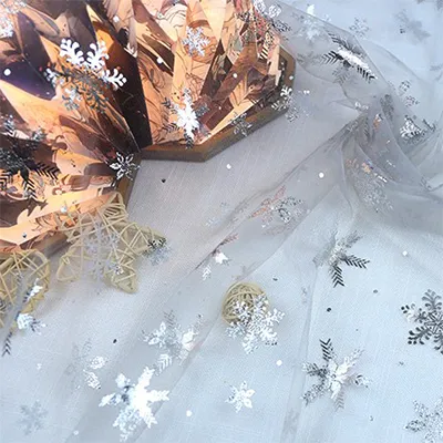 Iridescent Snowflake Pattern White Glitter Mesh Fabric - OneYard