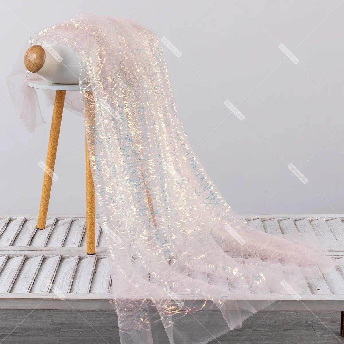 Wave Pattern Dazzling Iridescent Sequin Blush Mesh - OneYard