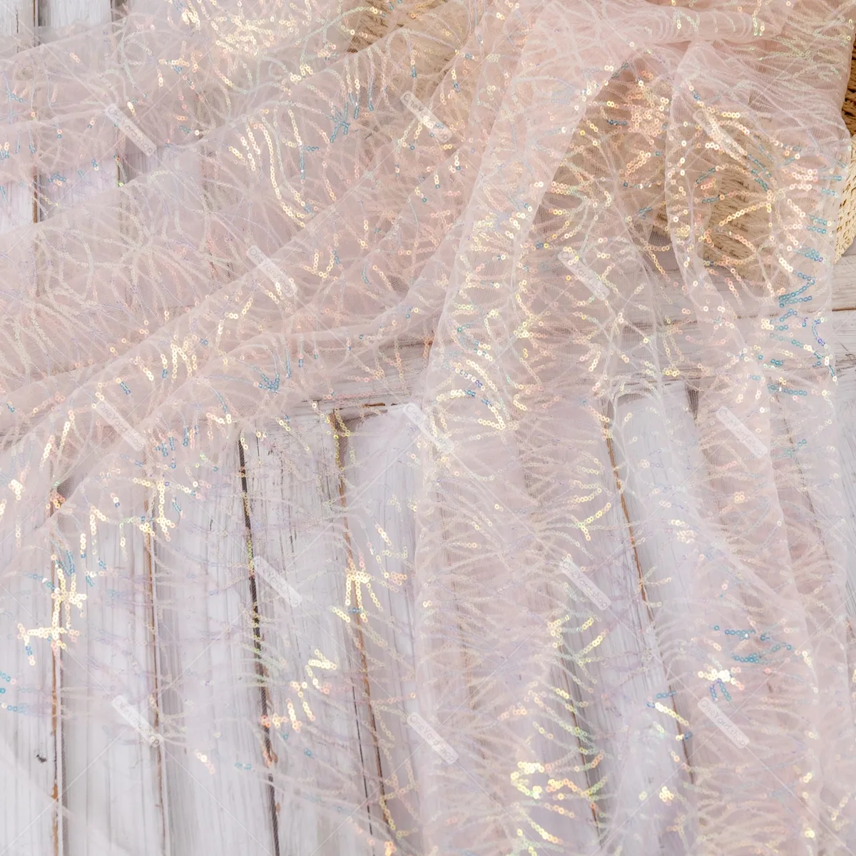 Wave Pattern Dazzling Iridescent Sequin Blush Mesh - OneYard