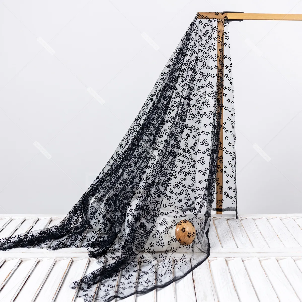 Black Velvet Flocked Floral Soft Mesh Fabric - OneYard