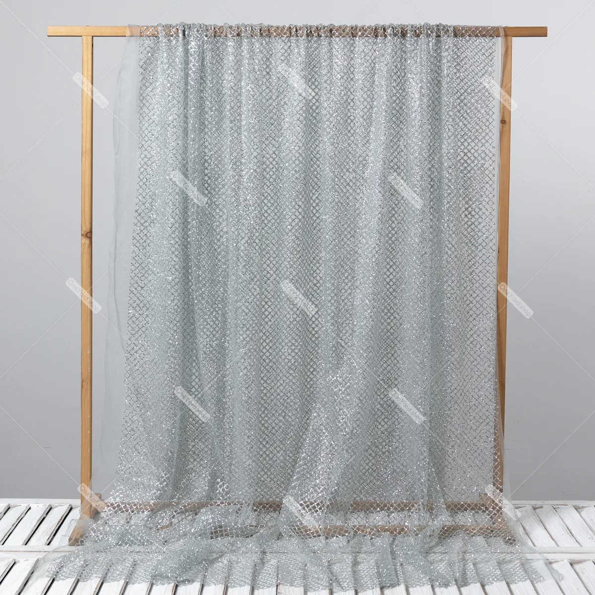 Glitter Glued Rhombus Grid Silver Gray Mesh Fabric - OneYard