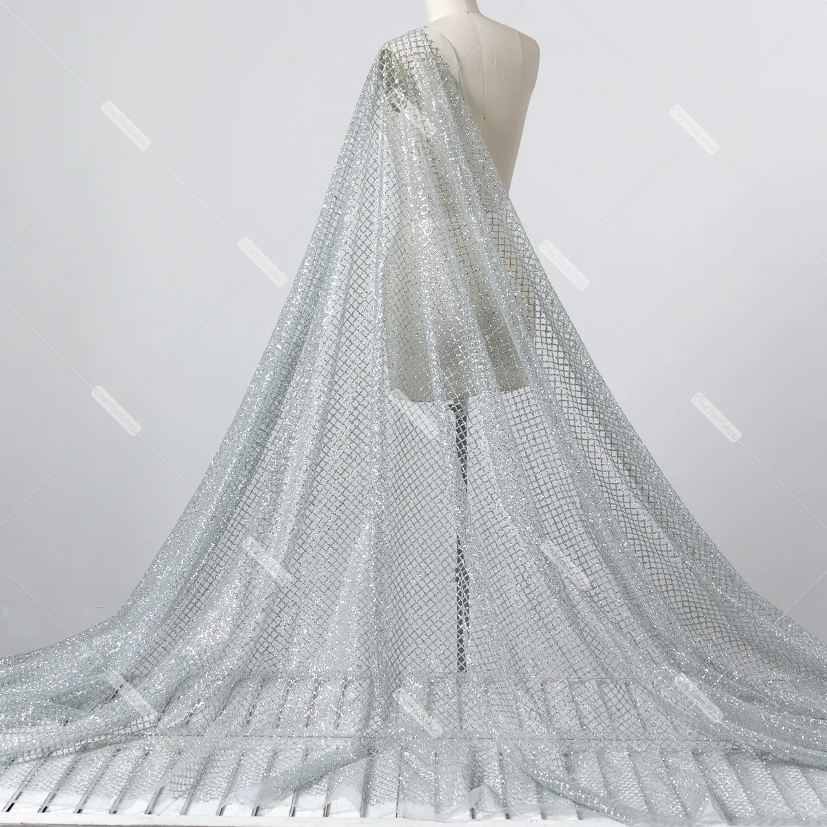 Glitter Glued Rhombus Grid Silver Gray Mesh Fabric - OneYard