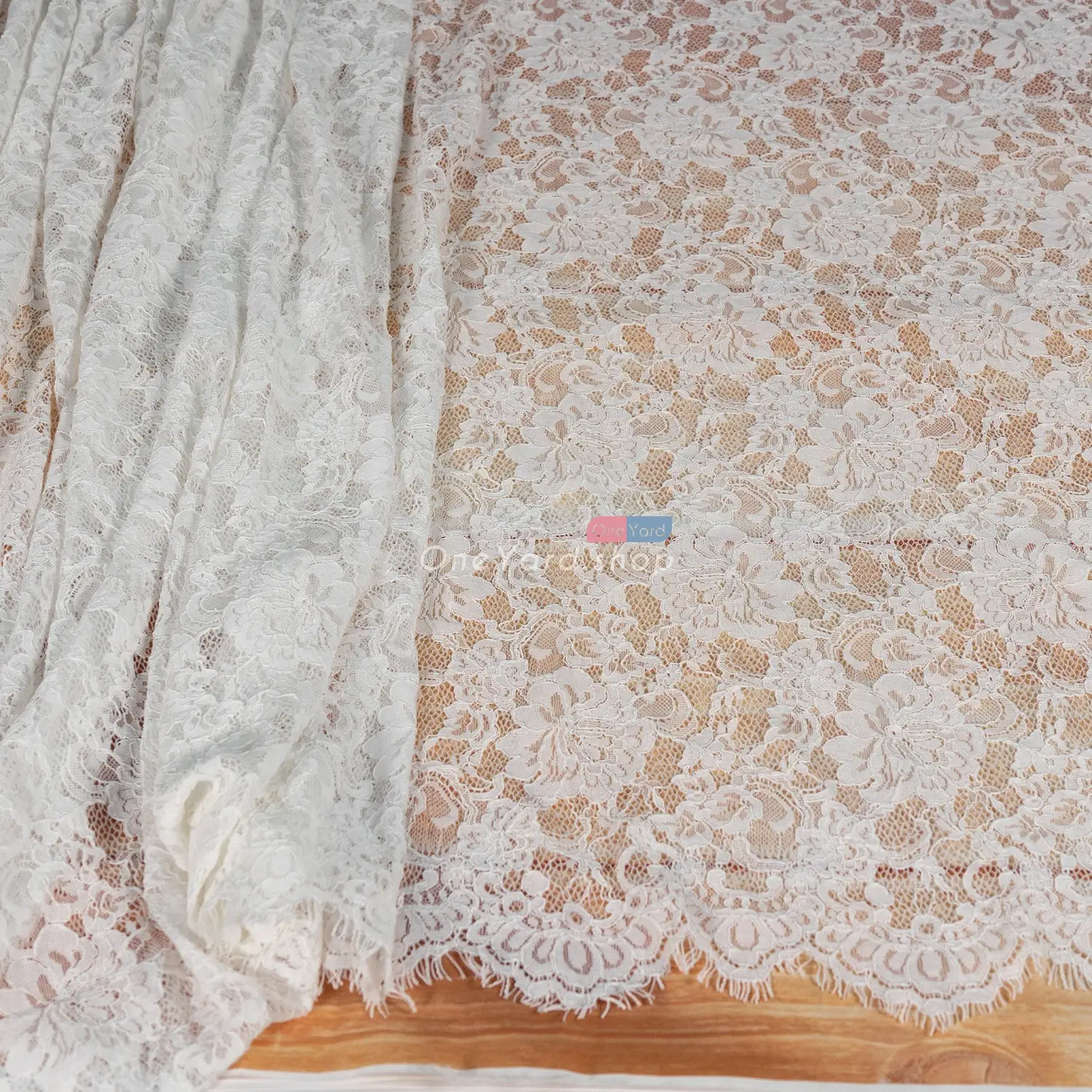 Floral Scalloped Soft Designer Bridal Lace Fabric - OneYard