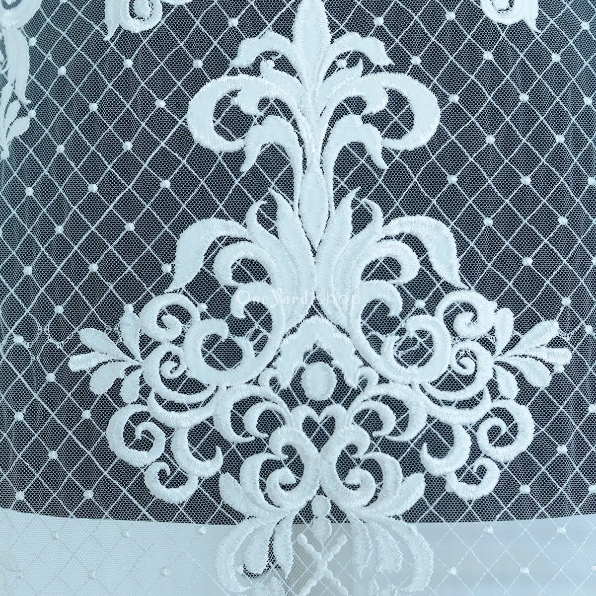 Ornate Geometric Pattern Embroidered Grid Lace Fabric - OneYard