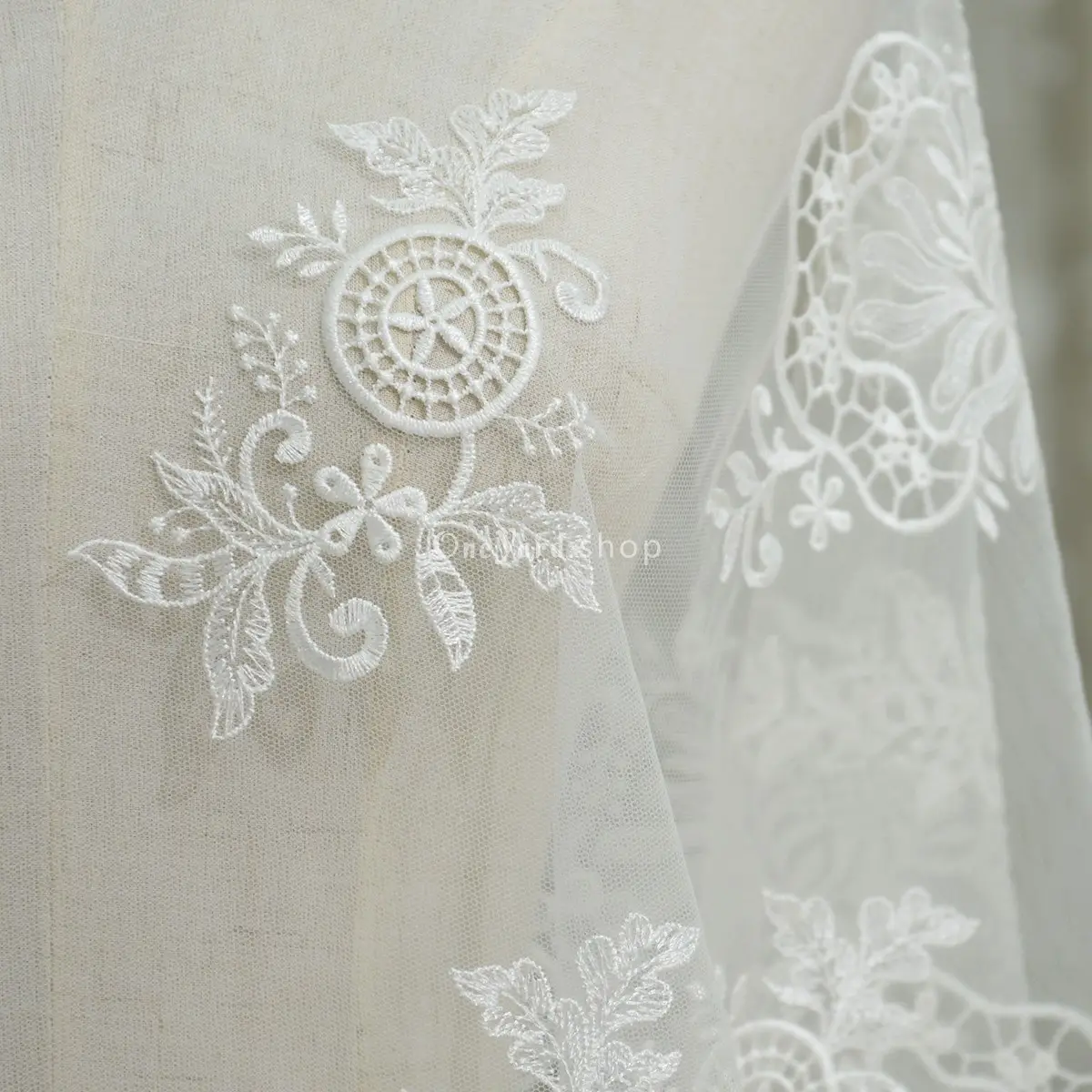 Ivory Abstract Floral Pattern Embroidered Lace Fabric - OneYard