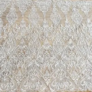 Ornate Geometric Pattern Embroidered Grid Lace Fabric - OneYard