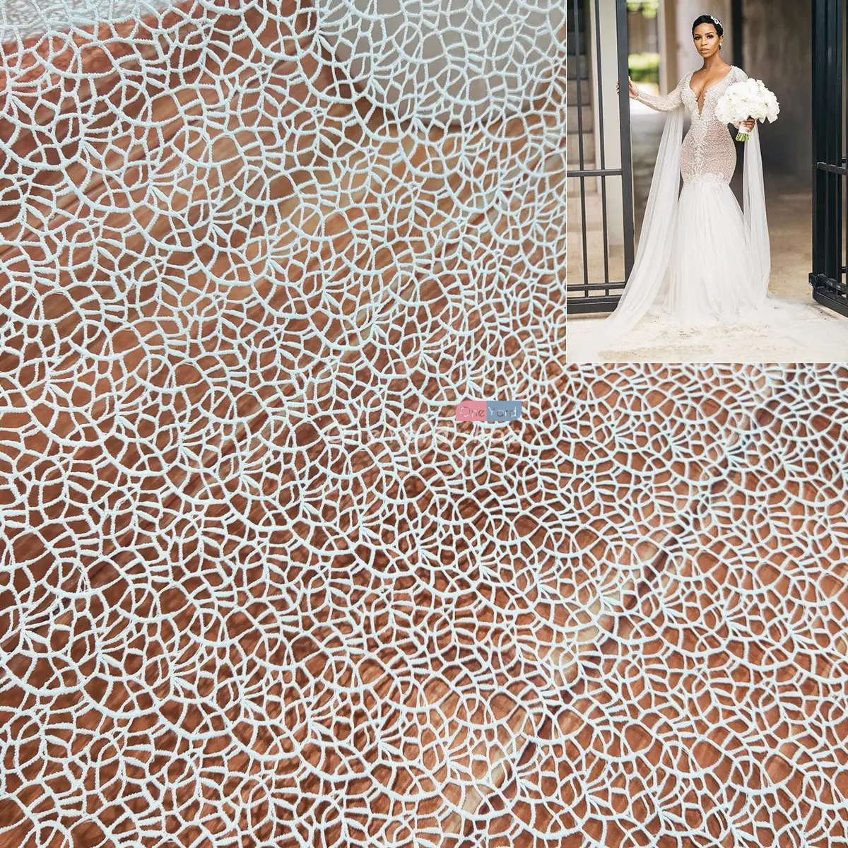 Beaded Lace Sheer Sleeve Caped Trumpet Wedding Dress - Lunss