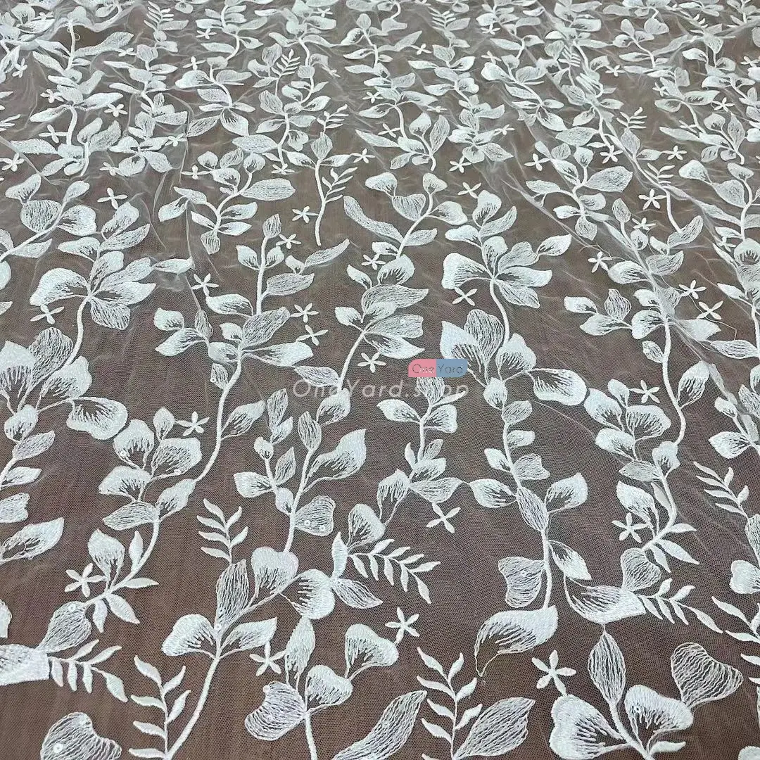 Country Style Sequinned Leaf Pattern Lace Fabric - OneYard