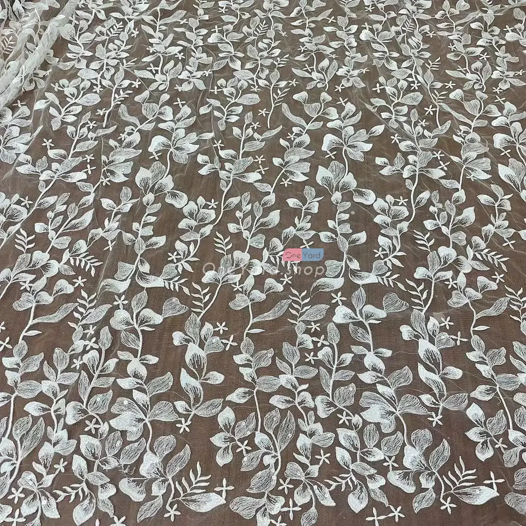 Country Style Sequinned Leaf Pattern Lace Fabric - OneYard