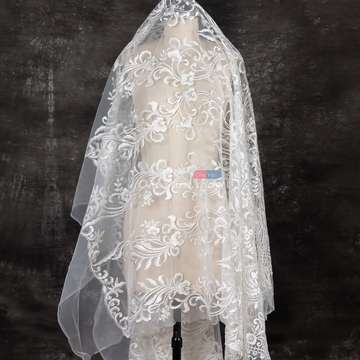 Embroidered Ivory Floral Bridal Lace Fabric by the Yard - OneYard