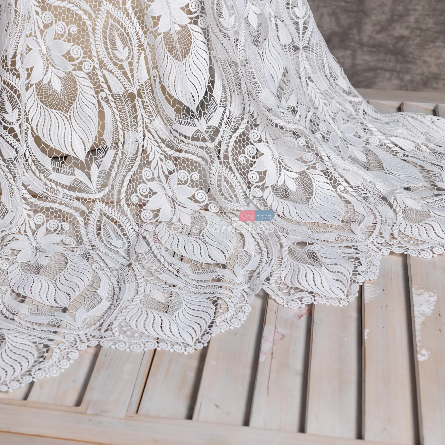 Unique Pattern Ivory White Chemical Lace Bridal Fabric - OneYard