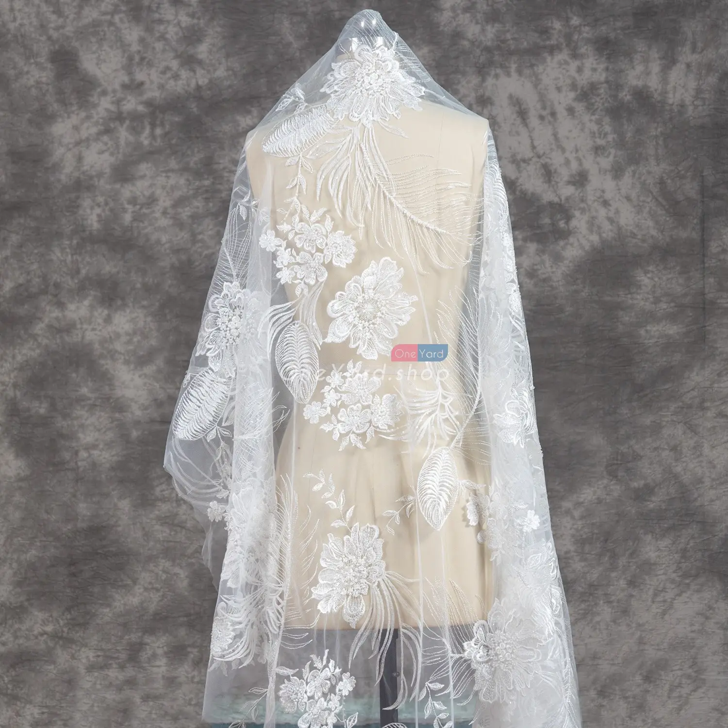 Feather & Flower Pattern Embroidery Bridal Lace Fabric - OneYard